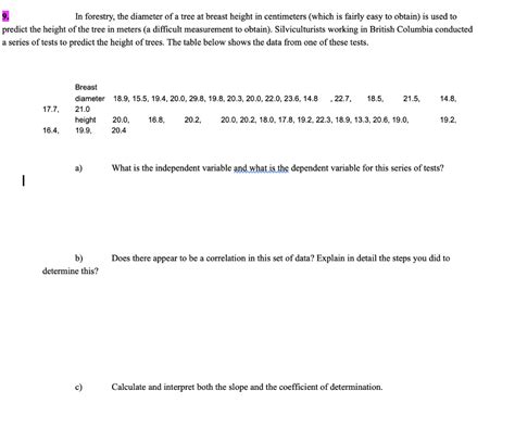 Solved In Forestry The Diameter Of A Tree At Breast Height Chegg Com