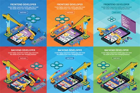 모바일 애플리케이션 개발 평면 3d 아이소메트릭 스타일 수직 배너 설정된 웹 디자인입니다 프런트 엔드 및 백 엔드 응용 프로그램 개발입니다 작업을 시작 하는 사람들 컴퓨터