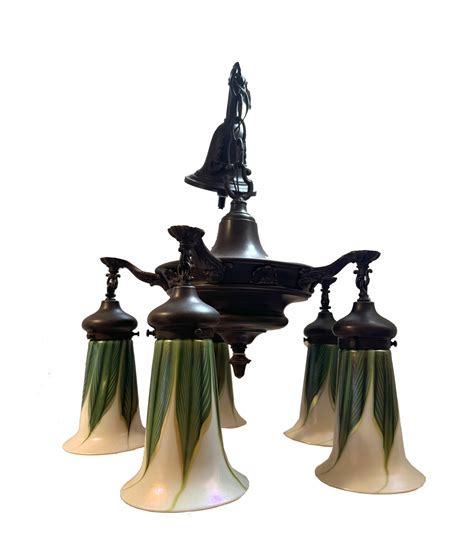 Unique Patinated Brass Pan Light Fixture Early 20th Century With 5