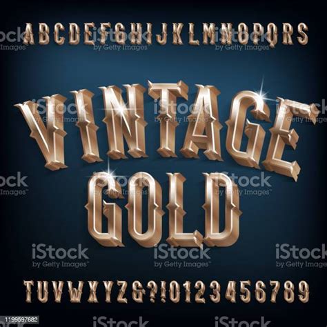 빈티지 골드 알파벳 글꼴입니다 3d 복고풍 황금 문자 숫자와 기호 문자에 대한 스톡 벡터 아트 및 기타 이미지 문자 베벨