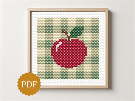 Apple On Gingham Cross Stitch Pattern Cute Grannycore Fruit Embroidery