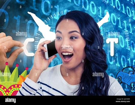 Asian Woman Talking On Smartphone Against And Binary Coding On Blue