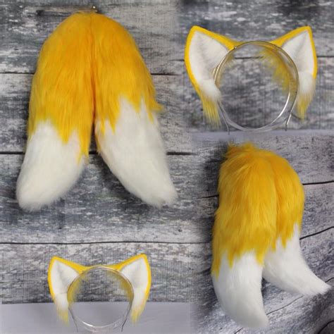Yellow And White Faux Fur Fox Tails Set Etsy