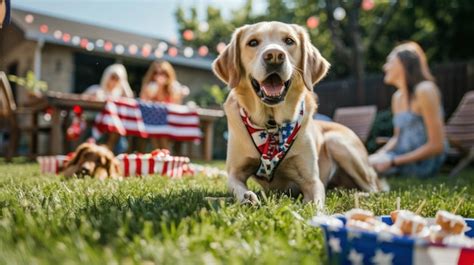 A Festive Backyard Barbecue With Dogs Wearing Patriotic Attire Enjoying