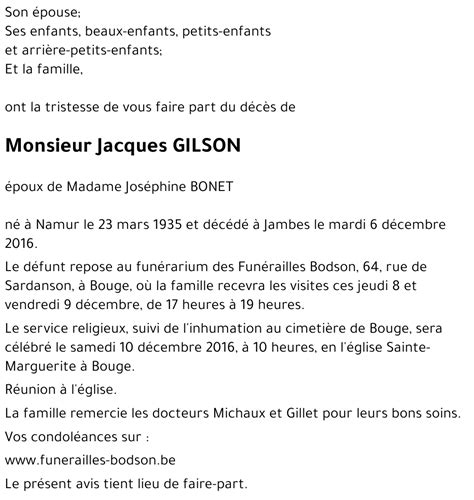 Avis De Décès De Jacques Gilson Décédé Le 06122016 à Jambes Annonce