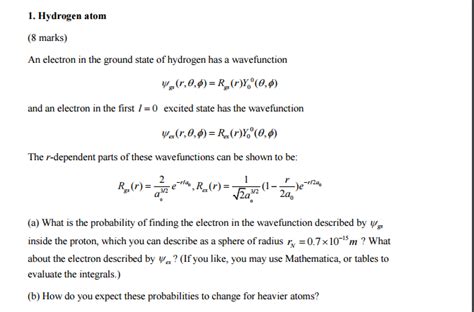 Solved 1 Hydrogen Atom 8 Marks An Electron In The Ground