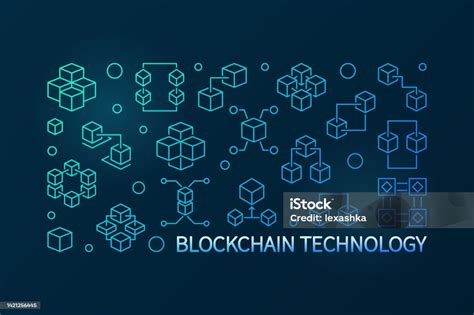 Blockchain Technology Vector Blue Outline Horizontal Illustration Stock