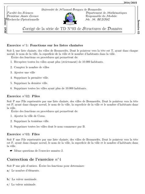 Corrigé De La Série De Td N 03 De Structures De Données Download Free Pdf Mathématiques