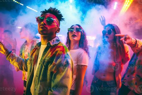 Group Of Young People Wearing Neon Clothes And Sunglasses Dancing At A Rave Party In Front Of A