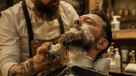 Bearded Man Getting His Beard Shaved At A Barbershop The Barber Is