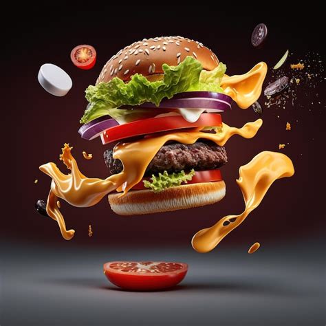 Premium Photo Falling Ham Burger With Floating Ingredients 3d Design Realistic Burger On