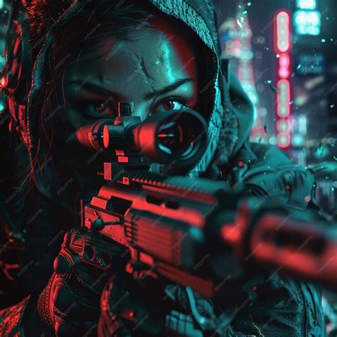 Cyberpunk Sniper With Futuristic Sniper Gun Premium Ai Generated Image