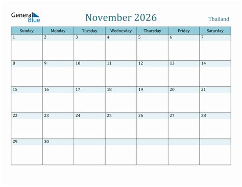 Thailand Holiday Calendar For November 2026