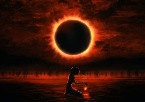 A Person Kneeling In The Water With An Eclipse In The Background