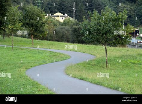 A Natural View Of A Footpath Sidewalk Surrounded With Green Grass Stock