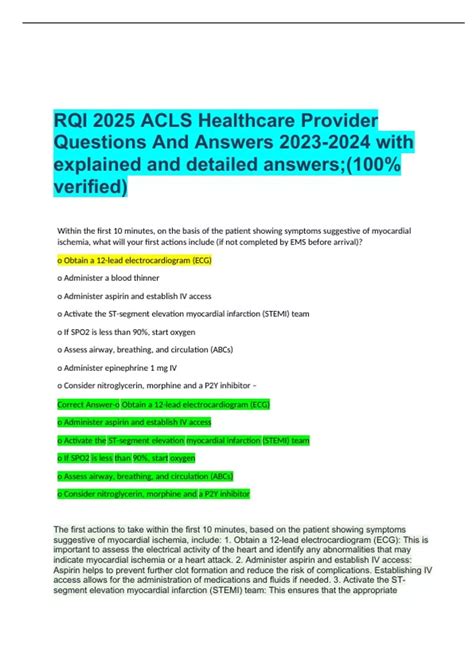 Rqi 2025 Acls Healthcare Provider Questions And Answers With Explained And Detailed Answers 100