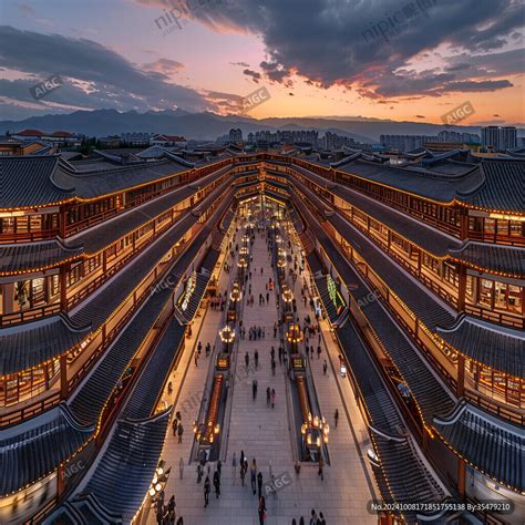 Ai创作图大唐西市街景 大唐东市 仿唐街区 兴汉胜境 仿唐建筑商业步行街 兴汉胜境风光 大唐芙蓉园特色商业街 唐式商场 复古大唐西市 大唐西市