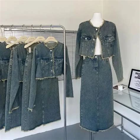 Vintage Denim Short Jacket Side Slit Skirt 2 Piece Set Women S