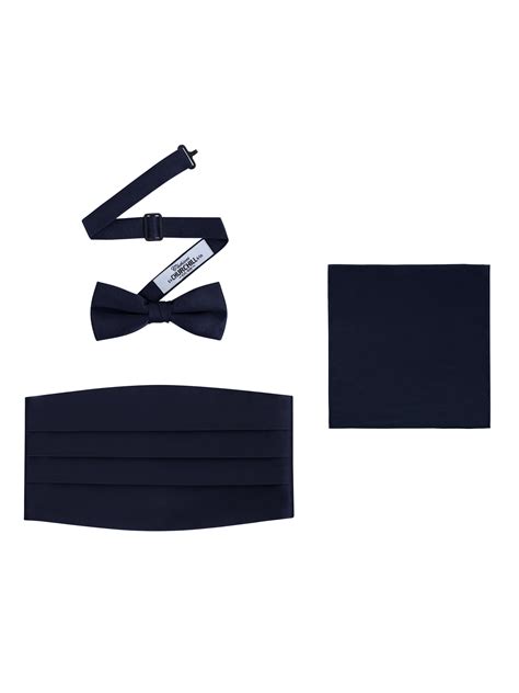 Navy Blue Satin Formal Accessory Set With Bow Tie Cummerbund And Pocket