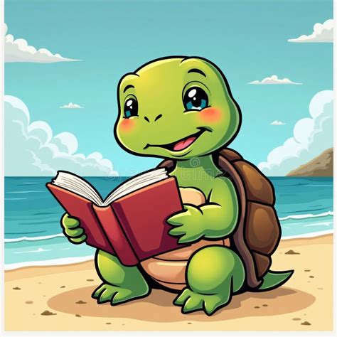 Cute Cartoon Turtle Reading Book On Beach Stock Illustration Illustration Of Eyes Relax