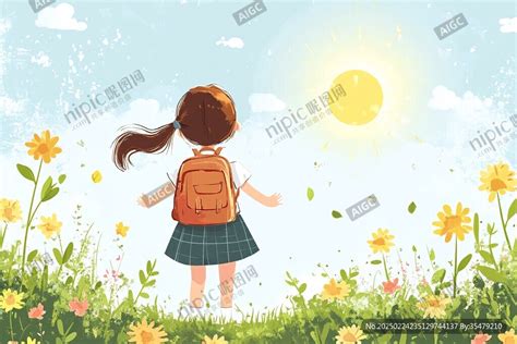 Ai创作图开学季儿童去学校插画 去上学插画 美好童年插画 上学插画 清爽开学背景 小学生插画 夏天毕业旅行户外插画 插画小学生 手绘独自春游的