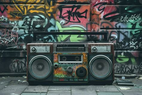 Boombox Vector Illustration With Mural Background 80s Technology 90s Music Player Retro Style