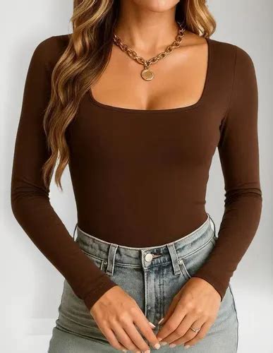 Body Feminino Decote Quadrado Manga Longa Frio Suplex Liso Marrom Lisa