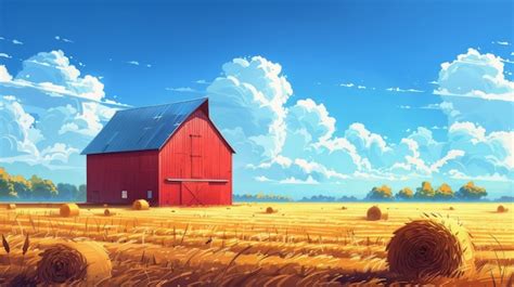 Premium Photo Red Barn In A Golden Field Under A Blue Sky With Fluffy