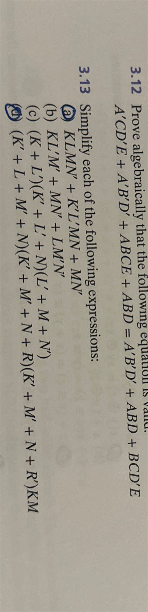 Solved 312 ﻿prove Algebraically That The Following Equ