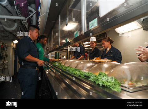 Pacific Ocean July 5 2021 Midshipman Serve Food In The Aft Galley