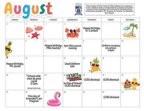 August Calendar Of Events And School Supplies Our Lady Of Talpa School