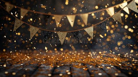 Black White And Gold Triangle Party Flags Falling Over Glittering