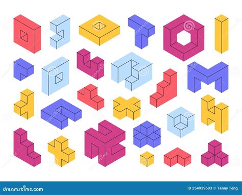 Isometric Geometric Shapes 3d Blocks Puzzle Game Elements Mosaic
