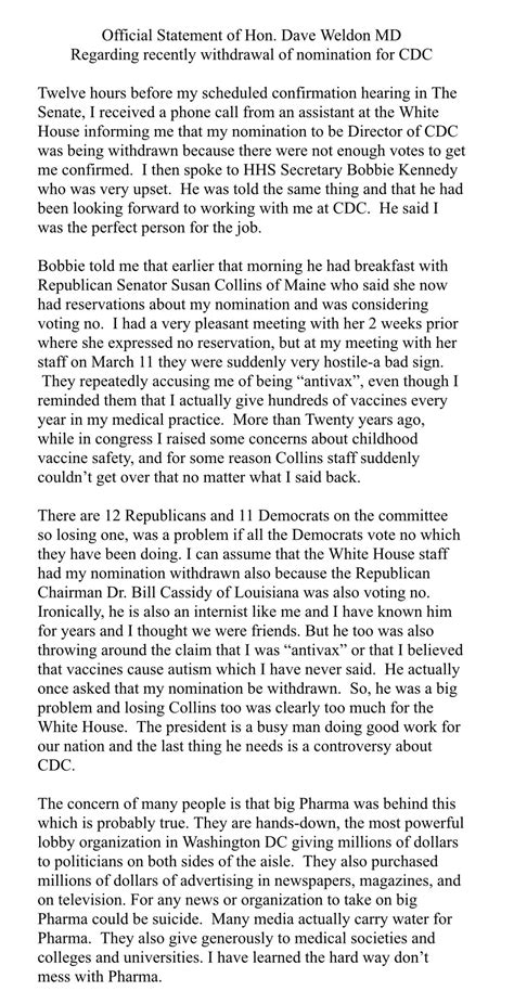 Dave Weldon Cites Two Gop Senators Over Withdrawn Nomination For Cdc Director 100percentfedup