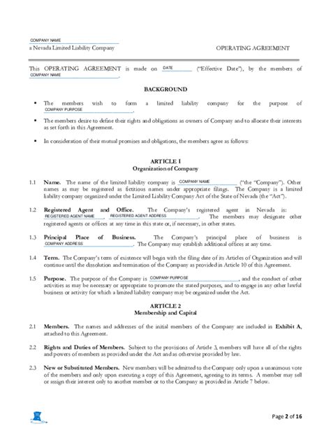 Fillable Online Nevada Multi Member Llc Operating Agreement Template