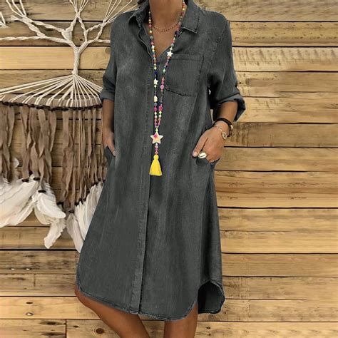 Fulijie Swing Dress For Women Solid Color Long Sleeve Lapel Leisure