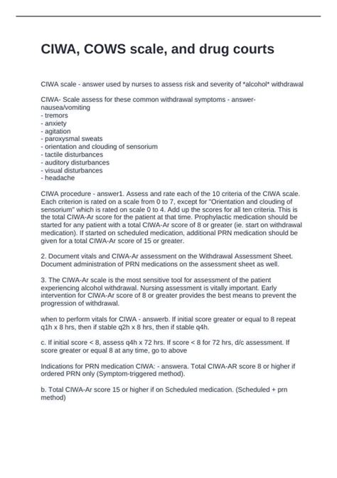Ciwa Cows Scale And Drug Courts Questions And Answers 100 Correct