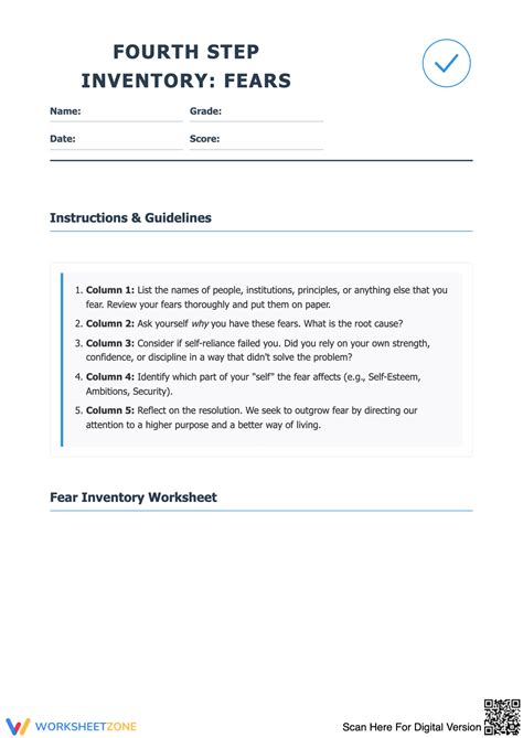 Fourth Step Inventory Worksheet Fear