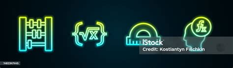 Set Line Abacus Square Root Of X Glyph Protractor And Function Mathematical Symbol Glowing Neon