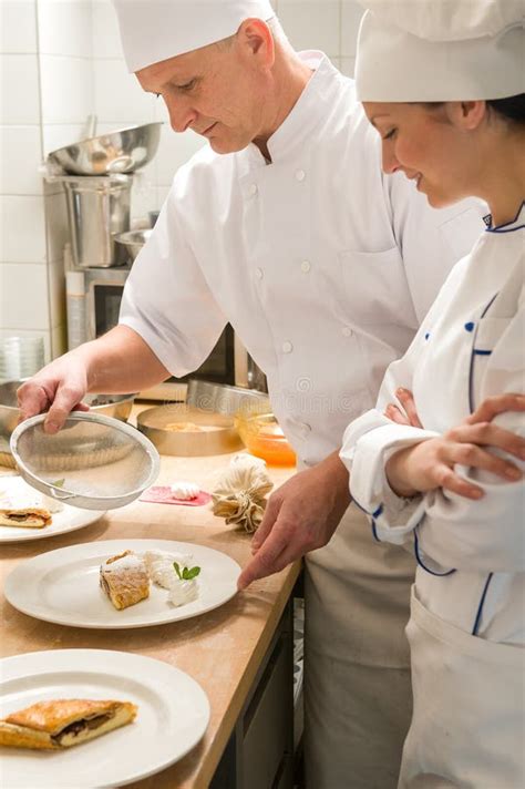 Apprentice Learning Cutting Vegetables From Chef Stock Image Image Of