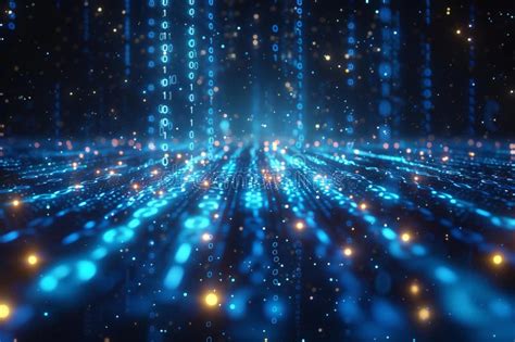 Abstract Blue Binary Code Background With Glowing Digital Numbers And Cyber Space Data Flowing