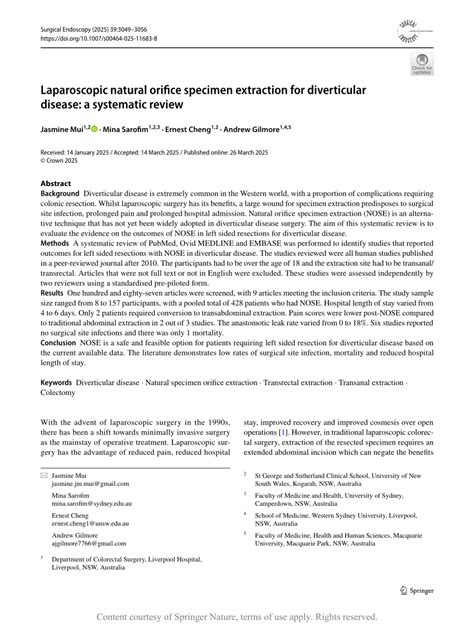 Pdf Laparoscopic Natural Orifice Specimen Extraction For Diverticular Disease A Systematic Review