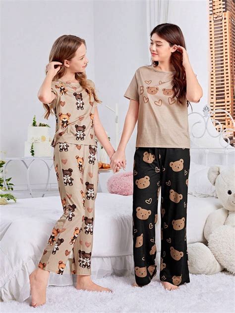 Shein Teen Girl Cute Bear Pattern Short Sleeve And Long Pants Casual
