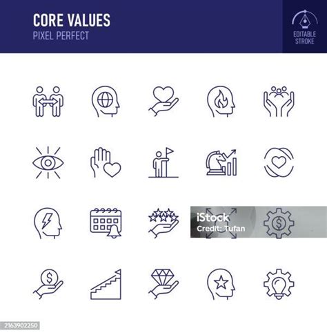 핵심 가치 아이콘 세트 편집 가능한 획 가는 선 벡터 완벽한 픽셀 비즈니스 윤리 리더십 성실성 책임 비전 전략 계획 직원 인정 신뢰성 품질 우수성 리더십에 대한 스톡 벡터
