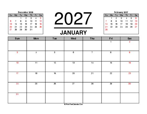 January 2027 Calendars Word Pdf Excel