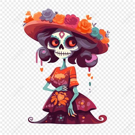 Catrina Clipart Cartoon Lady With Flowers And Red Hat Dressed As A
