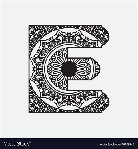 E Letter Mandala Coloring Page Doodle Royalty Free Vector