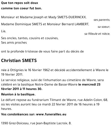 Avis De Décès De Christian Smets Décédé Le 19 02 2011 à Wavre Annonce Condoléances Fleurs