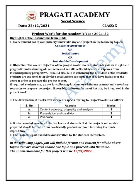 Class X Project Work 2021 22 Pdf Social Sciences Pedagogy