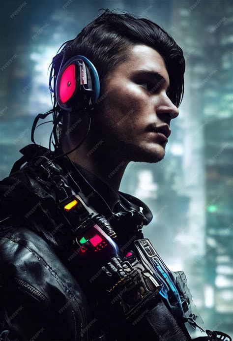 사이버 슈트를 입은 공상과학 사이버펑크 남자의 현실적인 초상화 미래에서 온 하이테크 미래형 남자 프리미엄 사진